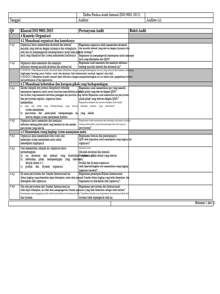 Daftar Periksa Audit Internal ISO 9001-2015 | PDF