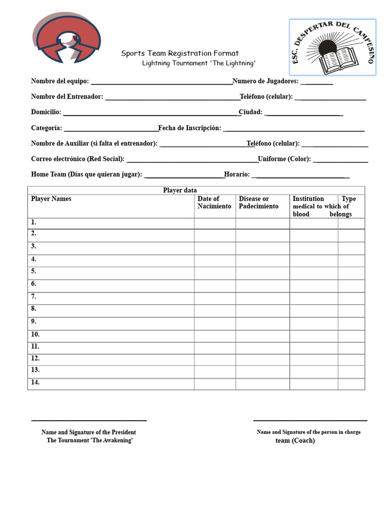 Registration Form For A Sports Team | PDF