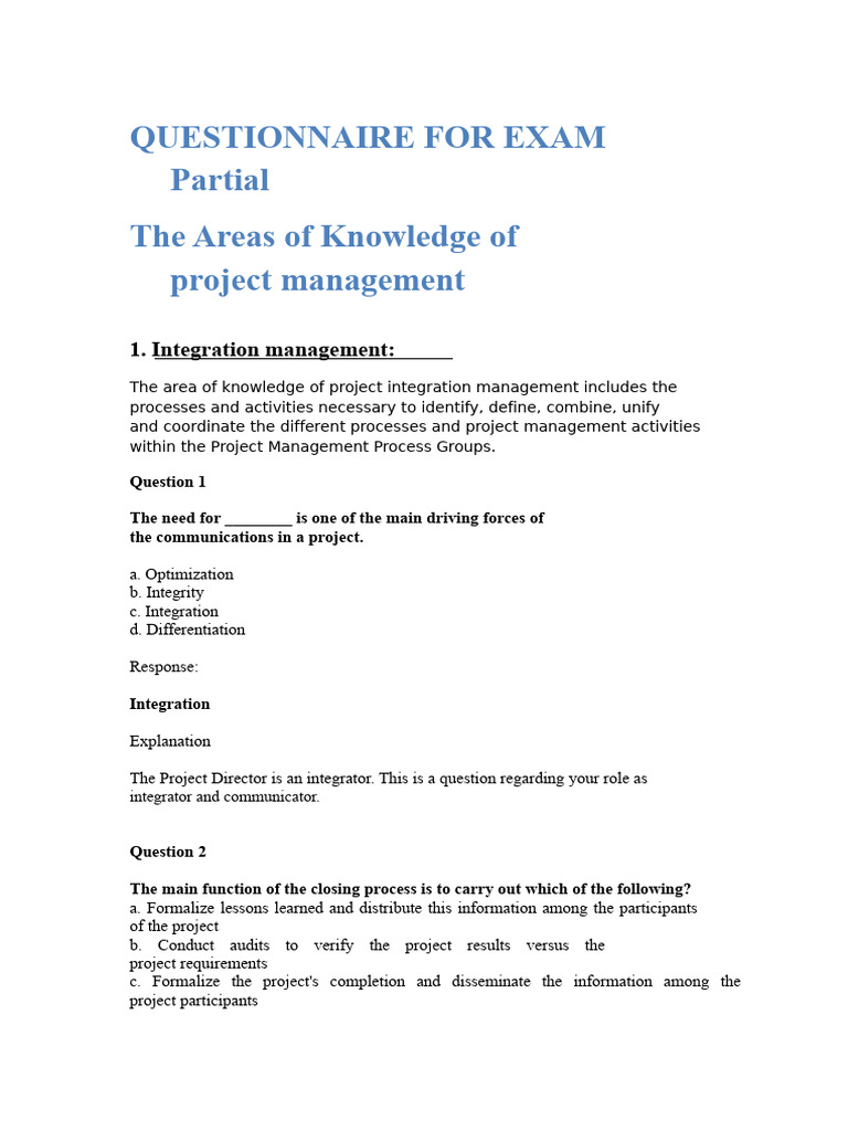 Project Management Knowledge Questionnaire | PDF | Project Management ...