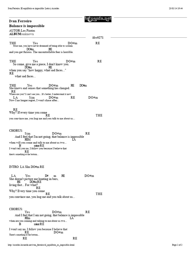 Ivan Ferreiro, The Balance Is Impossible: Lyrics and Chords PDF | PDF