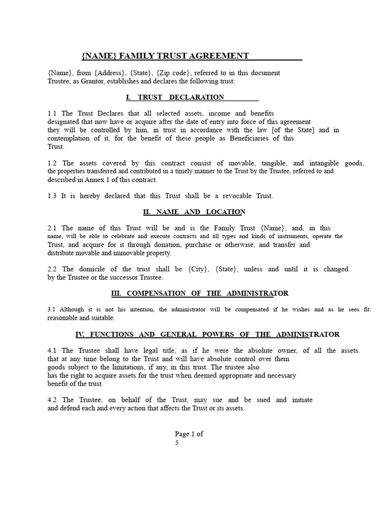 Model of Family Trust Agreement | PDF | Trustee | Fiduciary