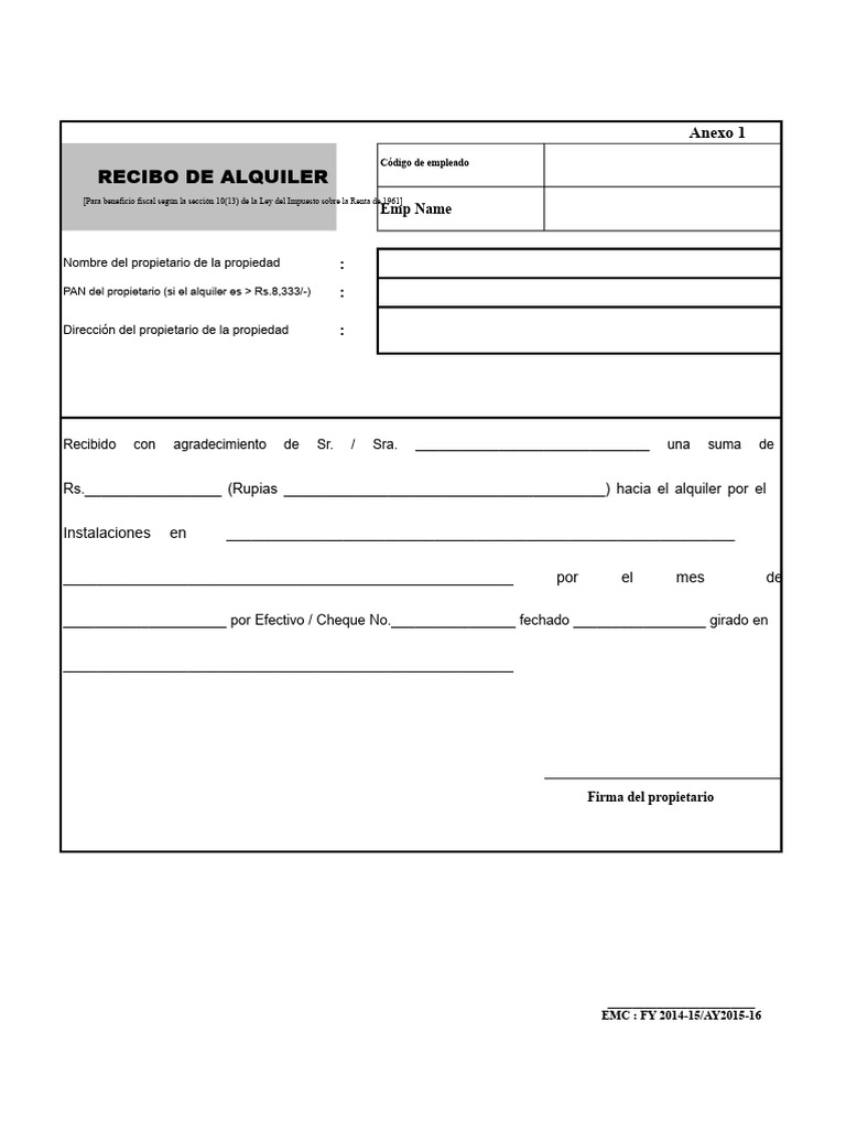 Formato de Recibo de Alquiler en Excel para India | PDF
