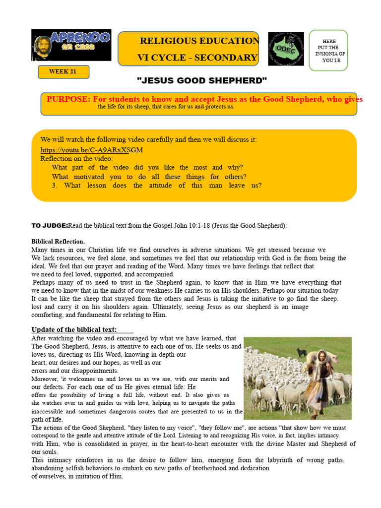 SHEET VI Cycle JESUS GOOD SHEPHERD Week 21 | PDF | Jesus | Shepherd