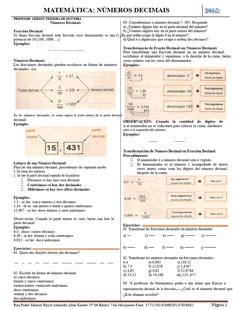 Números Decimales: Conceptos y Ejercicios | PDF | Decimal | Matemáticas