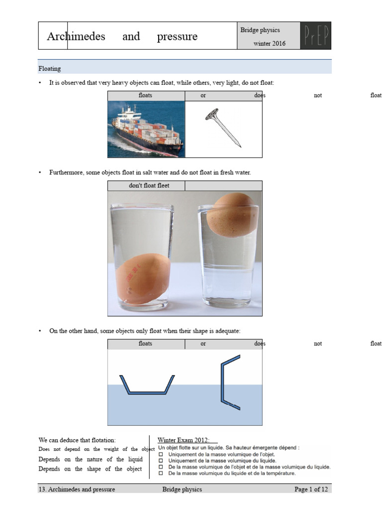 Archimedes' Principle and Density Effects | PDF | Buoyancy | Pressure
