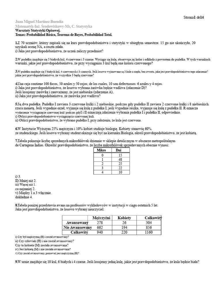 Warsztaty (Prawdopodobieństwo, Twierdzenie Bayesa, Prawdopodobieństwo ...
