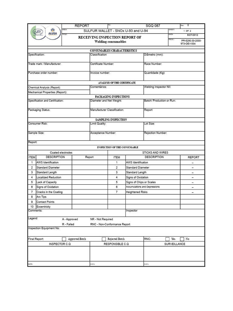 SGQ 087 - RECEIVING INSPECTION REPORT FOR WELDING CONSUMABLES | PDF ...