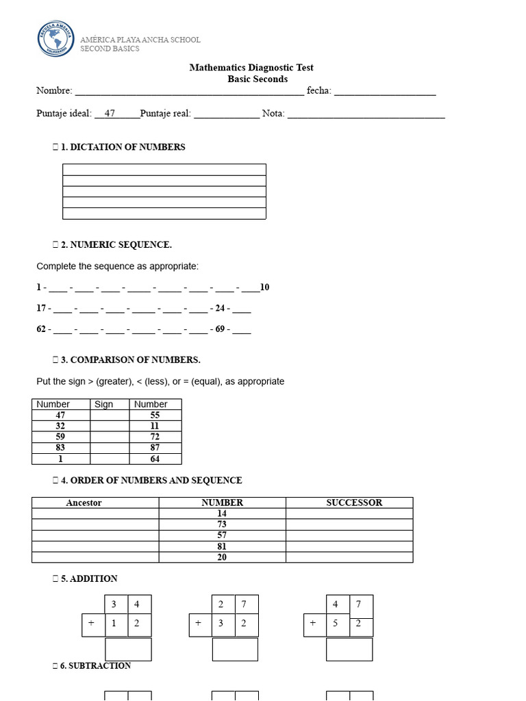 Diagnostic Math Test Second Grade | PDF | Mathematics
