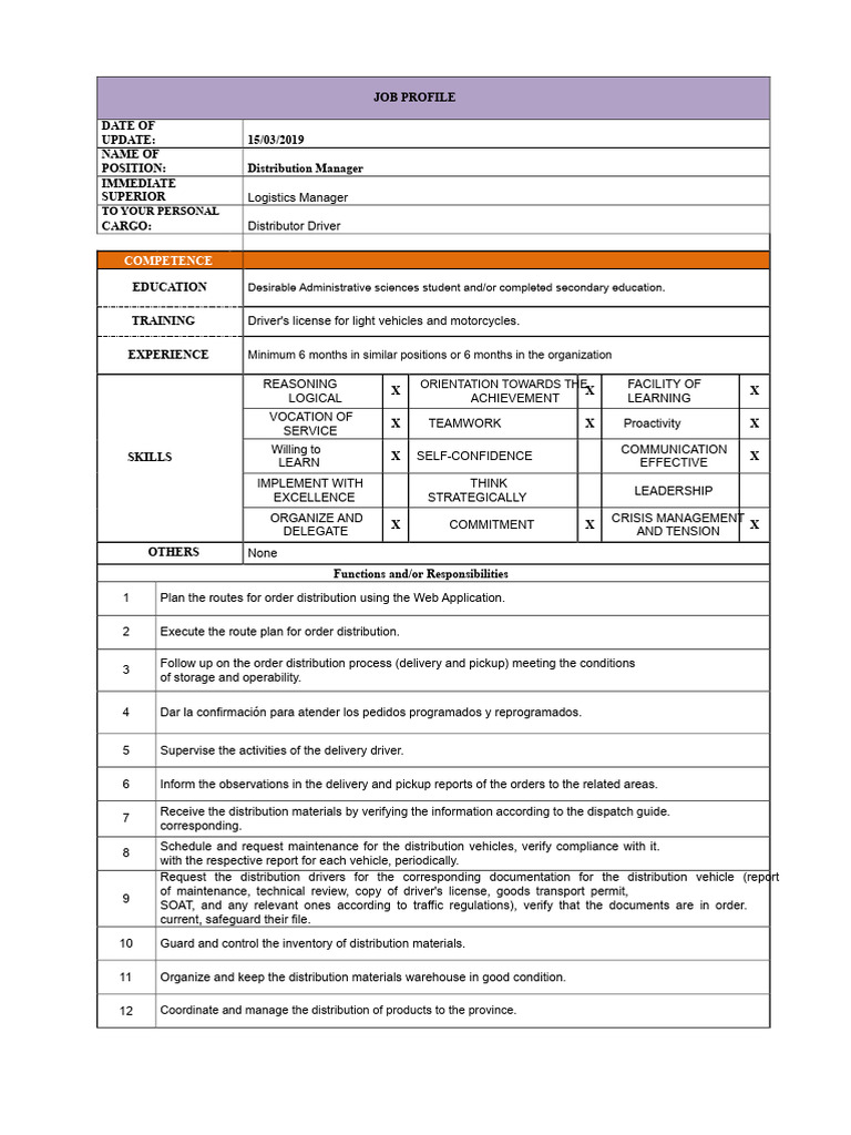 Distribution Manager Job Profile | PDF | Driver's License
