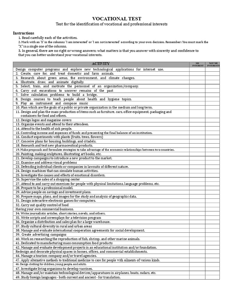 Vocational Interest Assessment Test | PDF | Science | Engineering