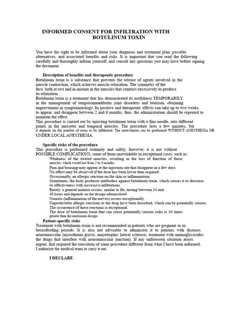 Informed Consent For Botox Injection | PDF | Botulinum Toxin | Diseases ...