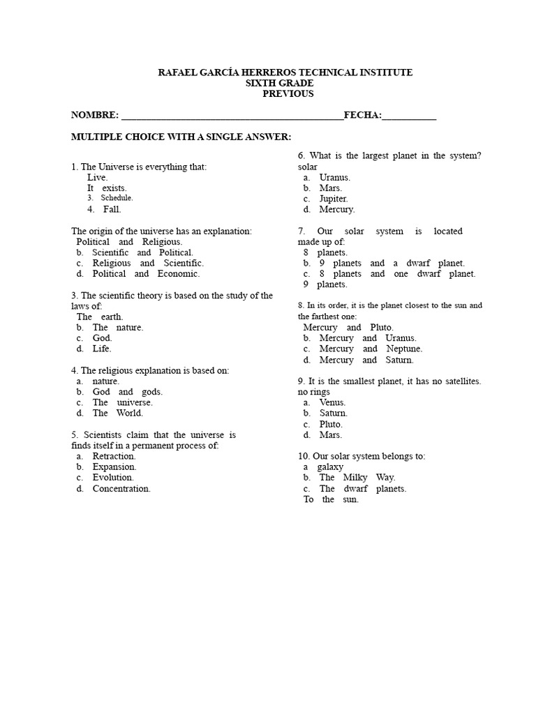 6th Grade Exam | PDF | Planets | Planets In Astrology