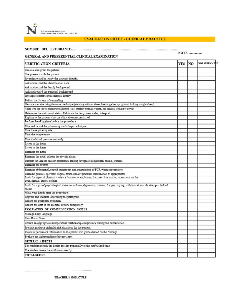 Clinical practice evaluation form | PDF | Physical Examination ...