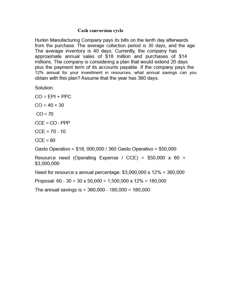 Cash Conversion Cycle Analysis and Savings | PDF