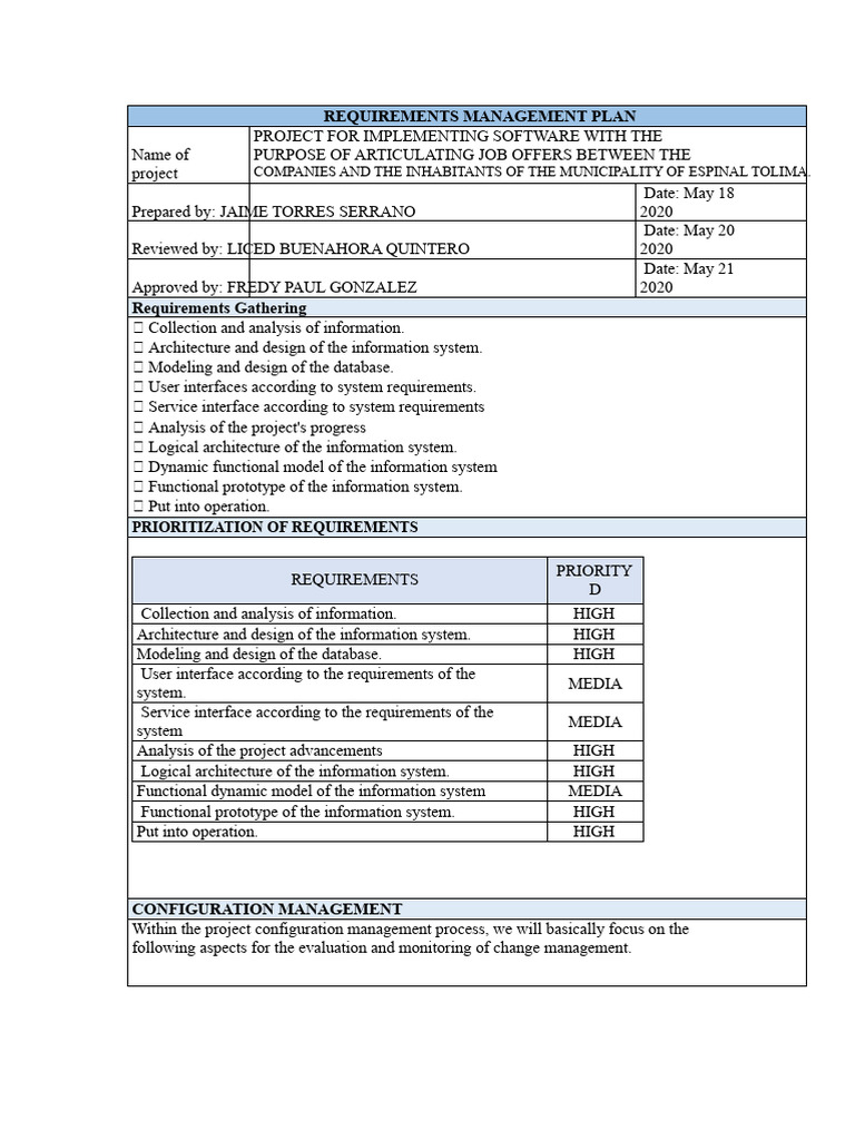 Requirements Management Plan | PDF | Databases | Prototype