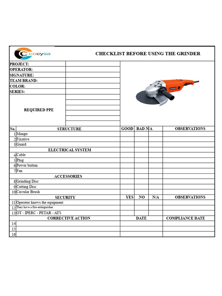 Grinder Usage Safety Checklist | PDF