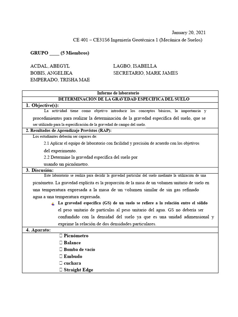 Determinación de Gravedad Específica del Suelo | PDF | Laboratorios | Agua