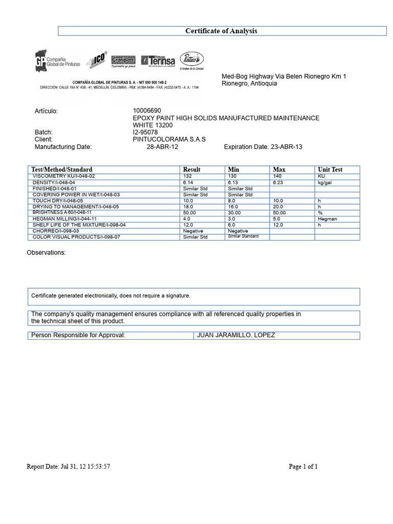 Certificate of Analysis for Epoxy Paint | PDF