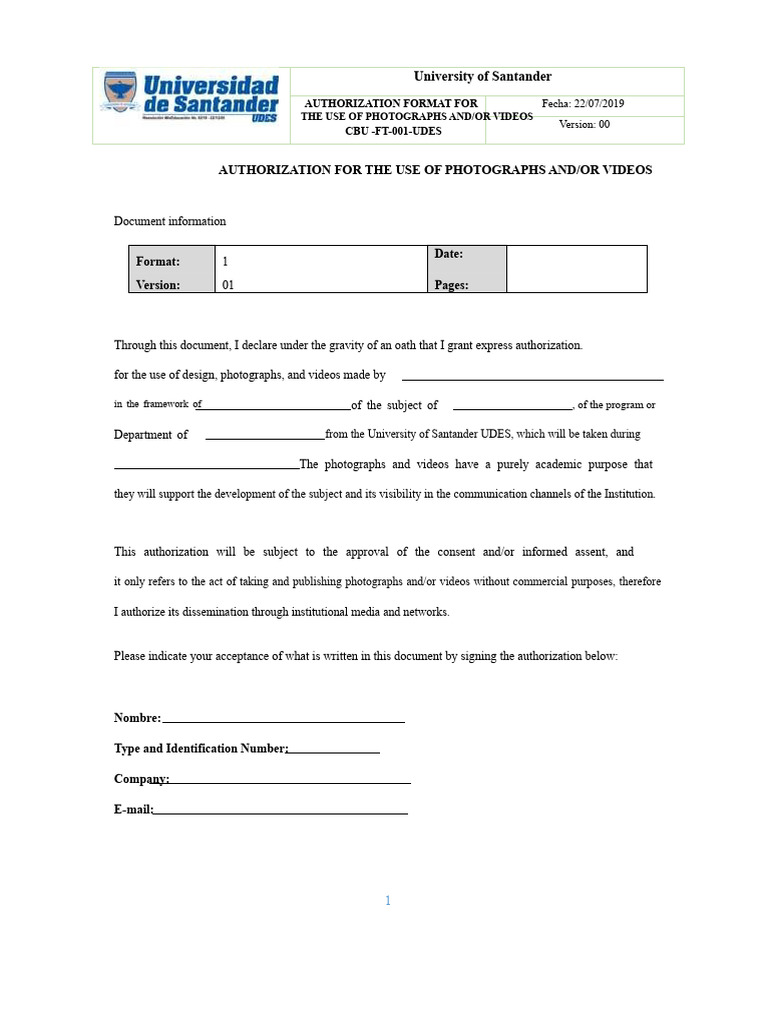 Annex 9. Authorization Format For The Use of Photographs and Videos | PDF