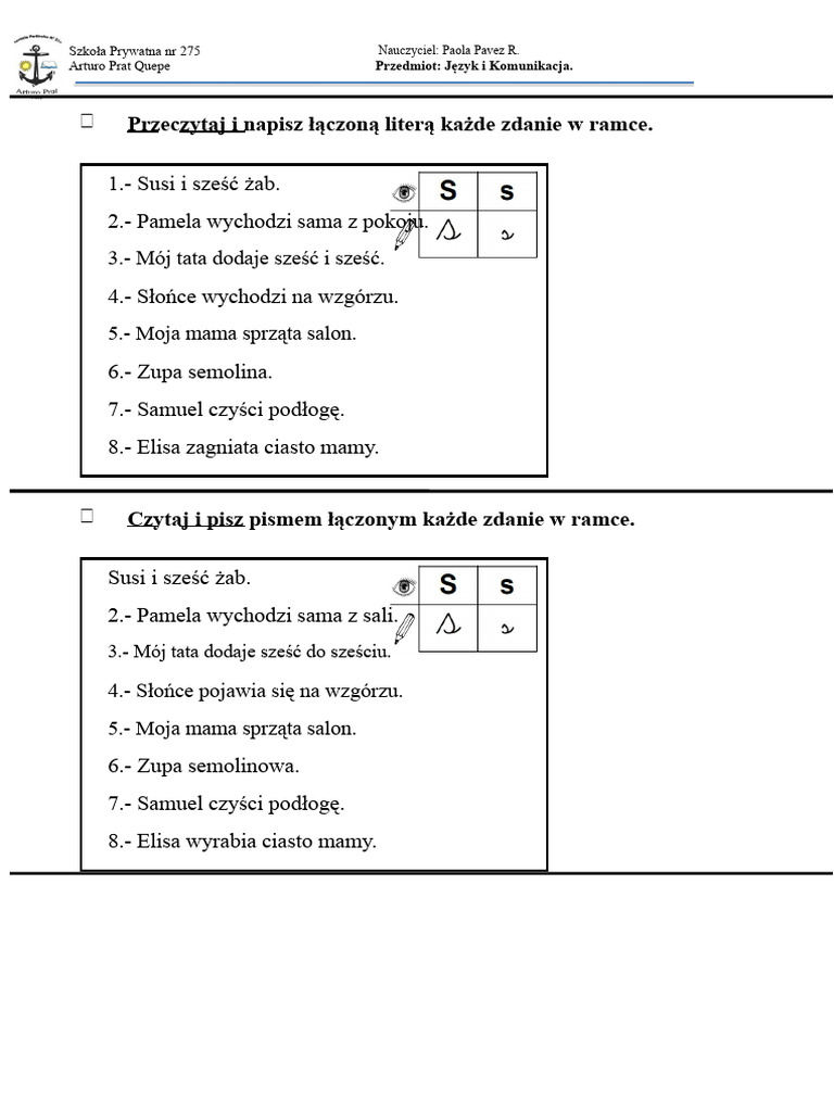 Litera S, Przeczytaj Zdania I Przepisz Zdania. | PDF