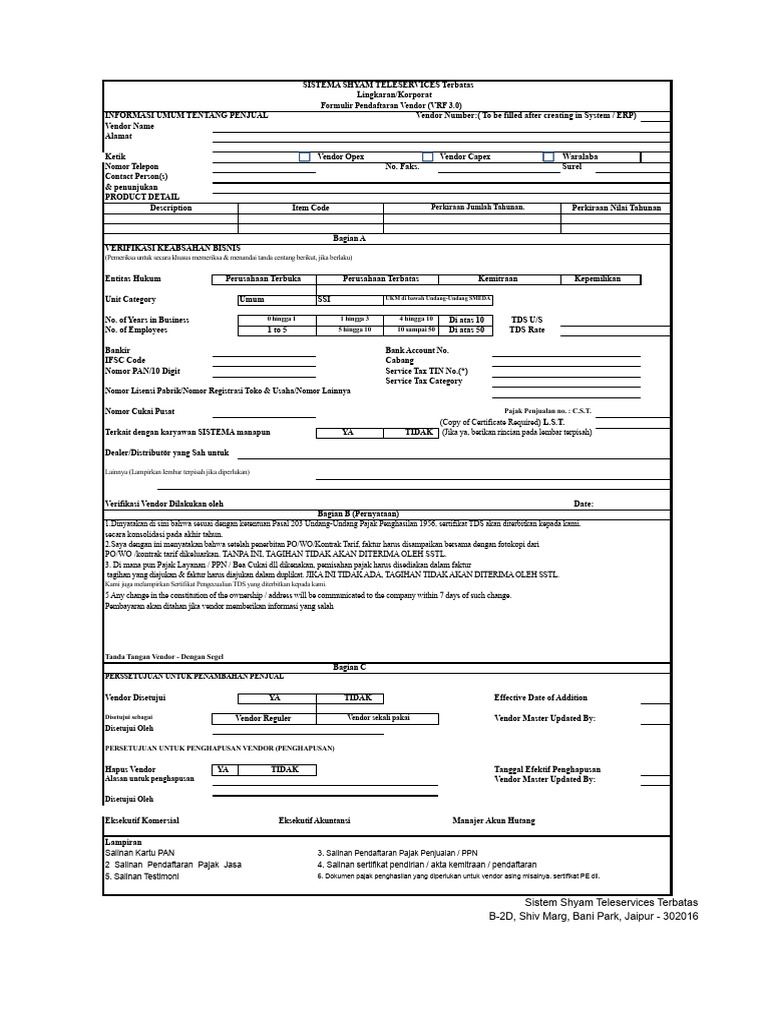 Formulir Pendaftaran Vendor Shyam Teleservices | PDF