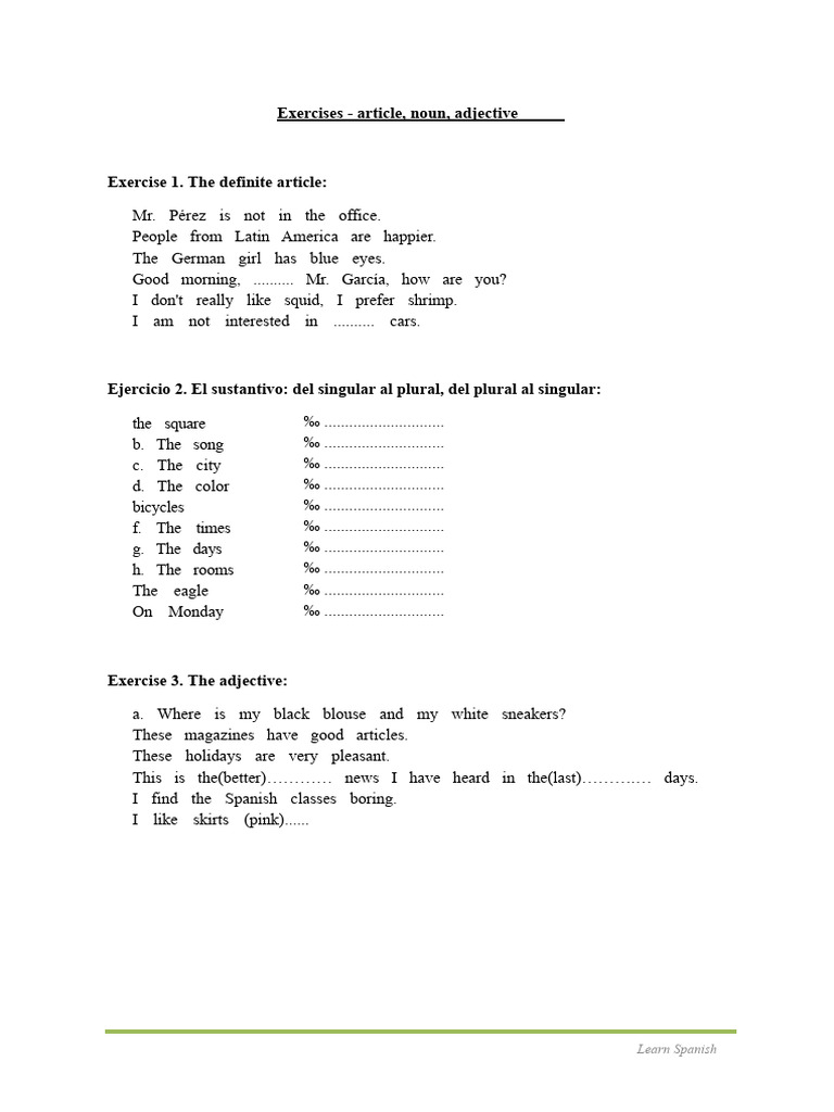 Exercises - Article, Noun, Adjective | PDF