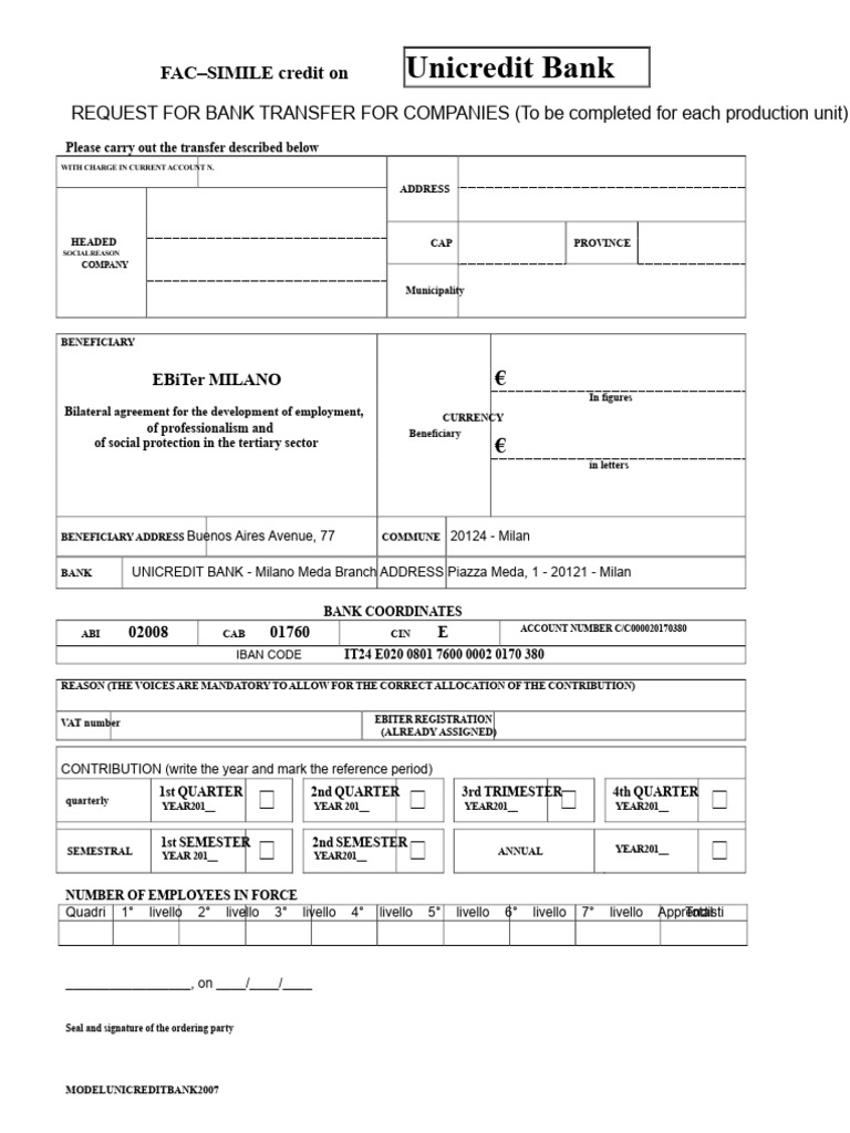 Unicredit Bank Transfer Request Form | PDF | Banking | Economies