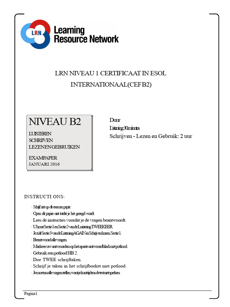 LRN Niveau B2 Januari 2016 Examenpapier PDF | PDF