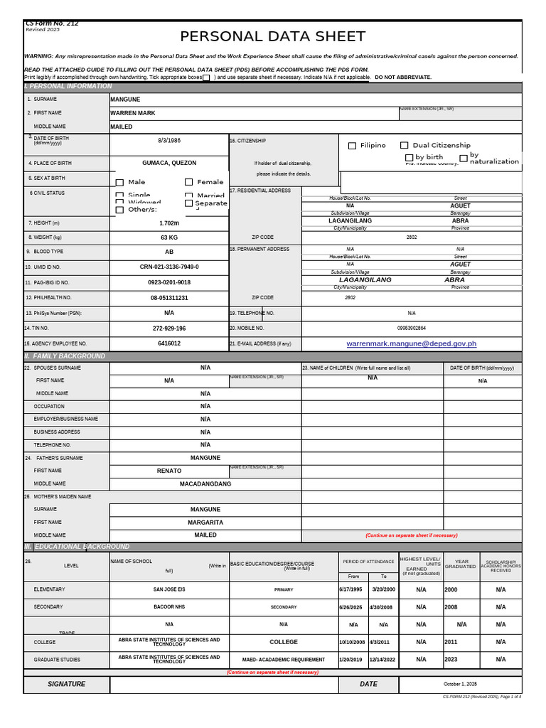 ANNEX H-1 - CS Form No. 212 Revised 2025 - Personal Data Sheet | PDF | Government