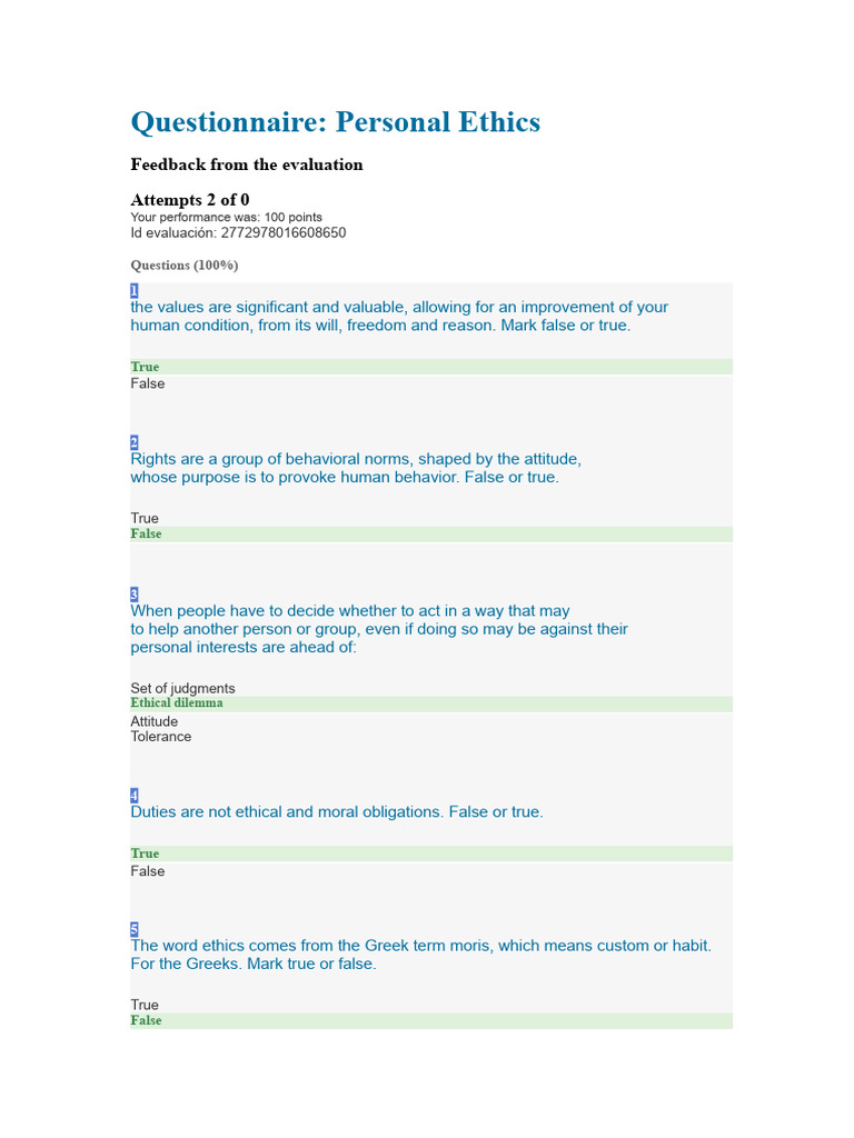 Personal Ethics Questionnaire Insights | PDF
