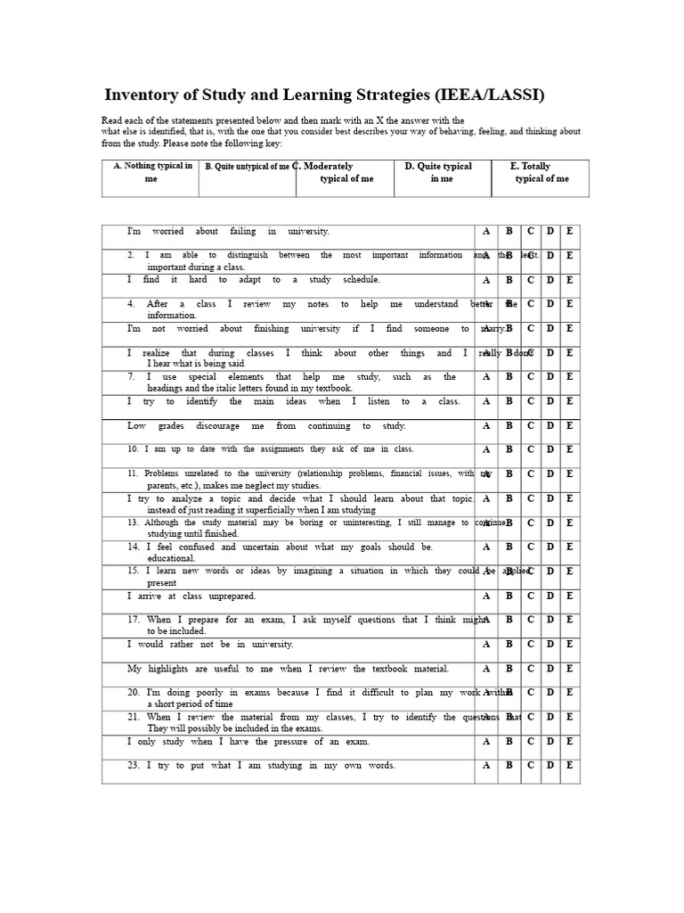 Inventory of Study and Learning Strategies LASSI | PDF | Thought ...