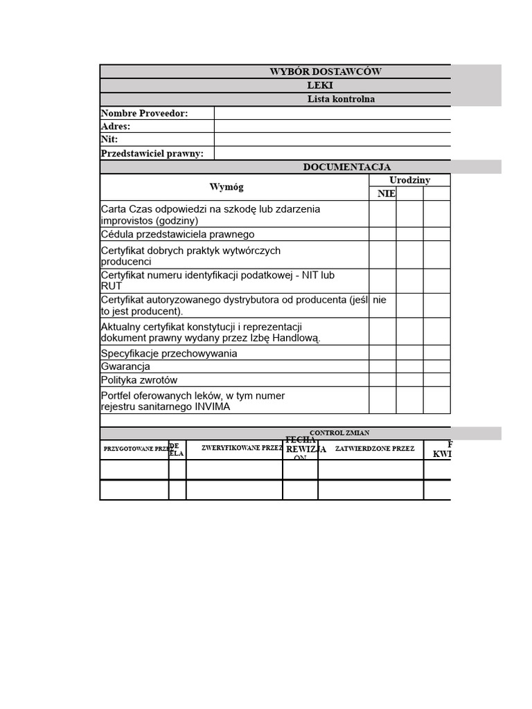 Lista Kontrolna Dostawców | PDF