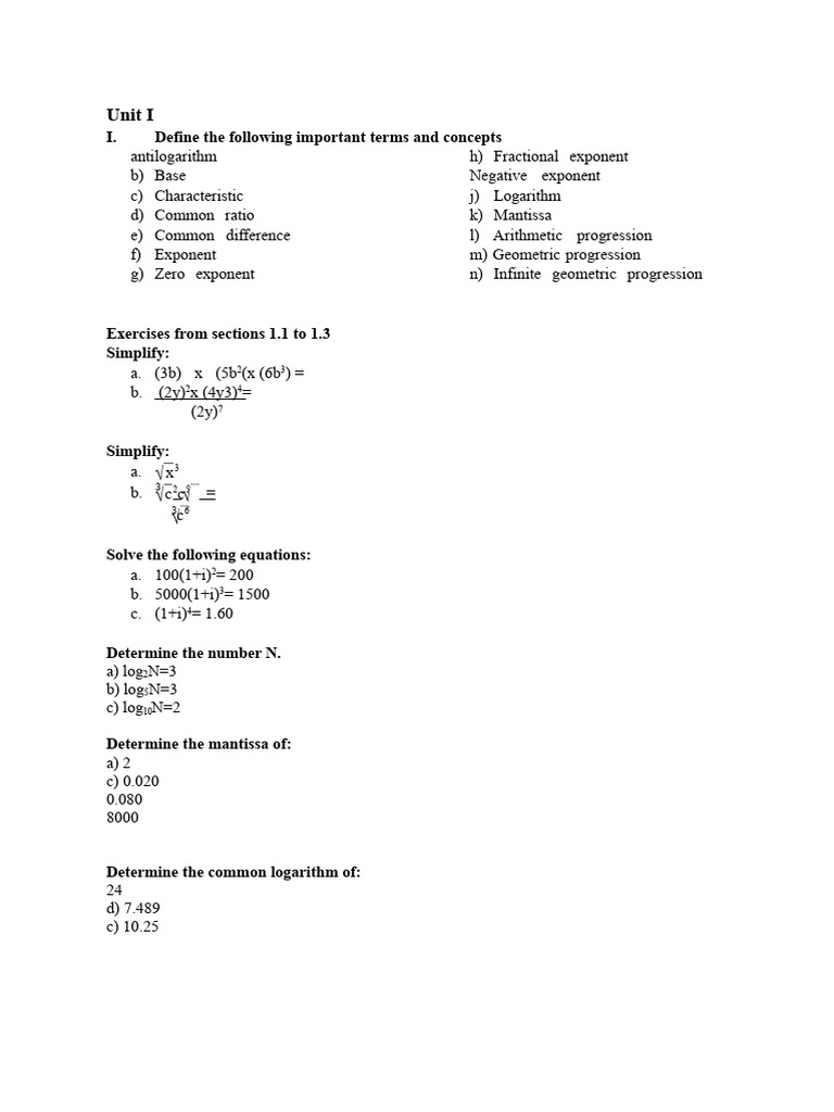 Exercises of Unit I and II - (OCTOBER GROUP) | PDF | Logarithm ...
