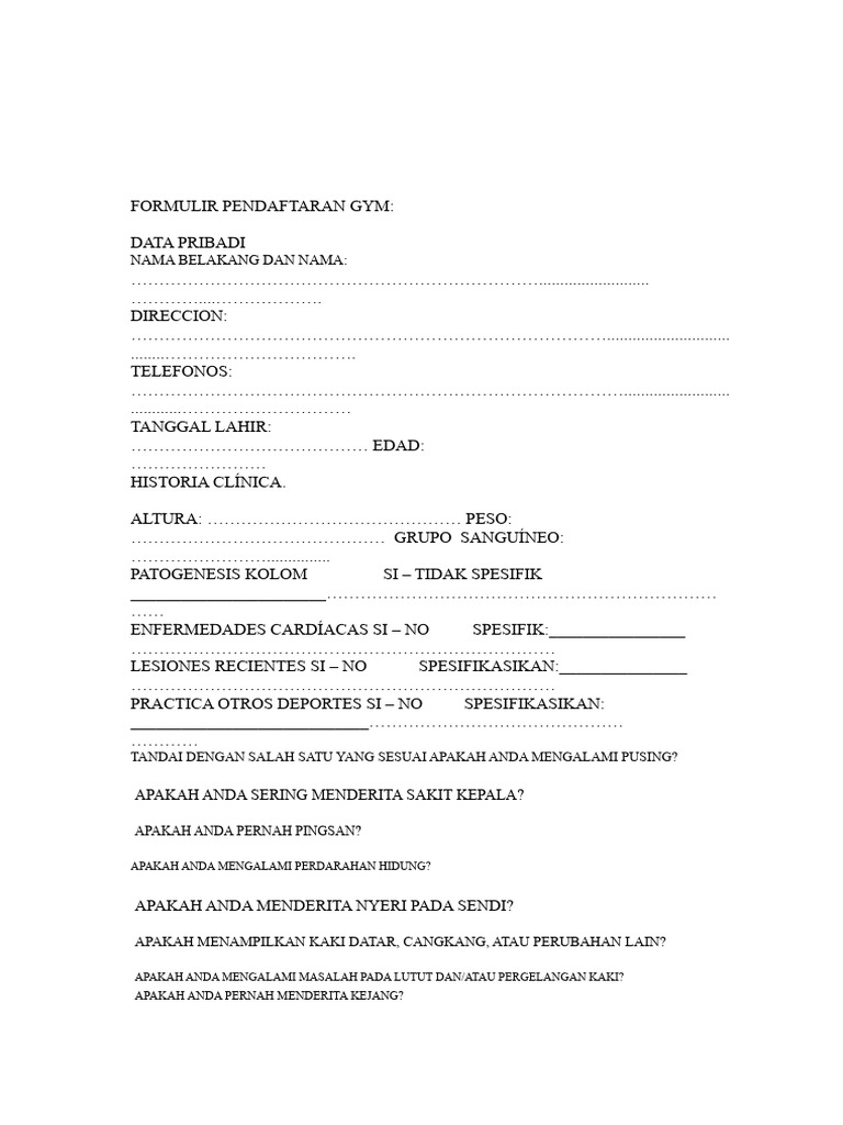 Formulir Pendaftaran Gym dan Panduan Latihan | PDF