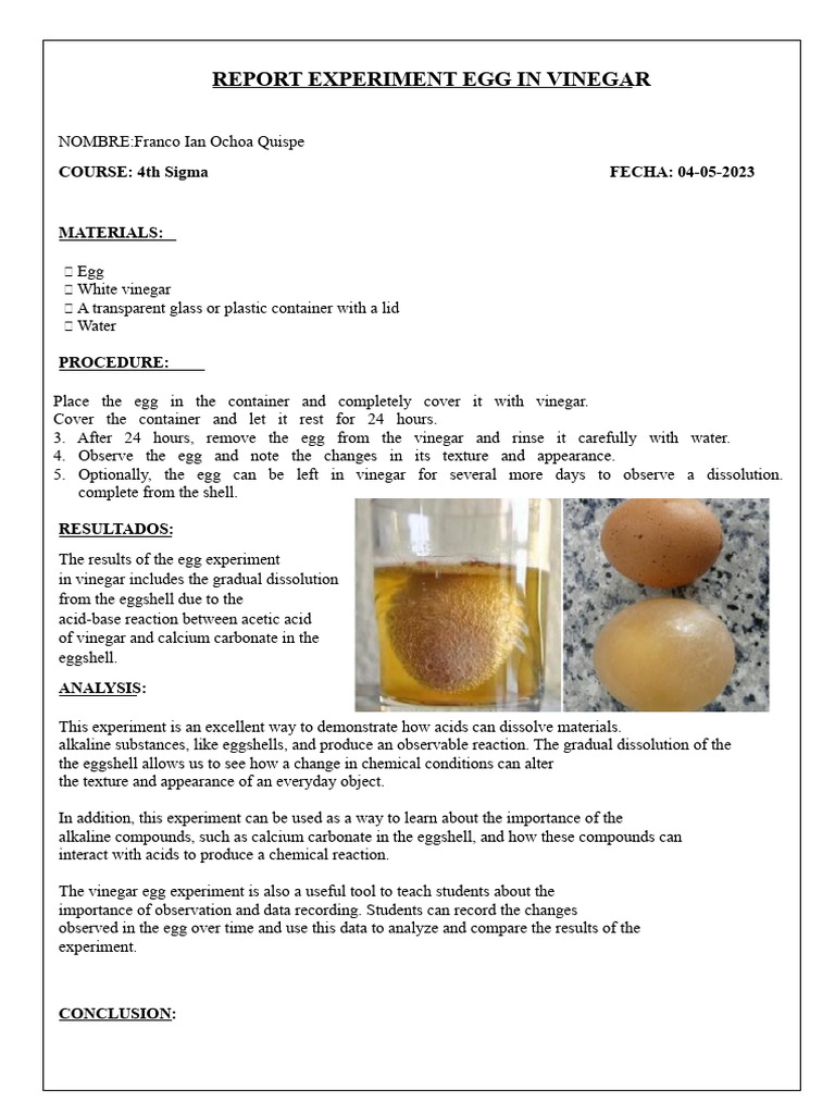 Report On Vinegar Egg Experiment | PDF | Experiment | Vinegar