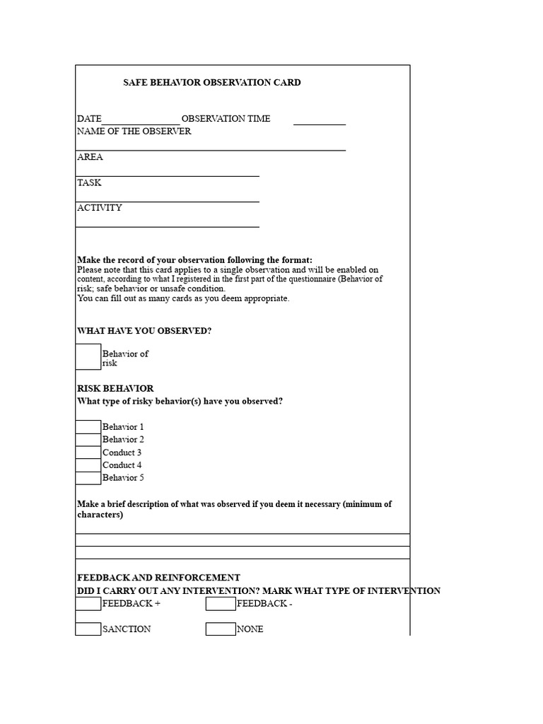 Observation Card Model_Safe Behavior | PDF | Behavioural Sciences ...