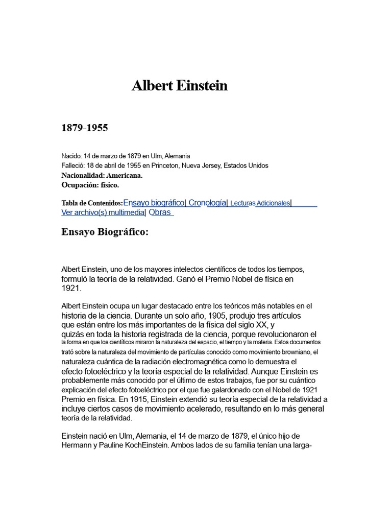 Biografía de Albert Einstein: Vida y Logros | PDF | Albert Einstein ...