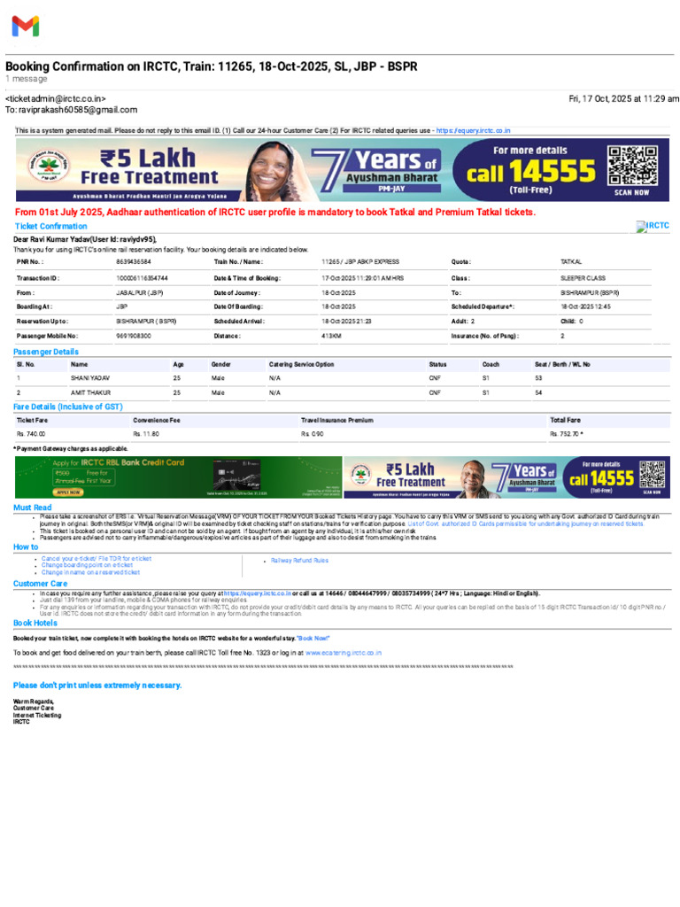 Gmail - Booking Confirmation on IRCTC, Train_ 11265, 18-Oct-2025, SL ...