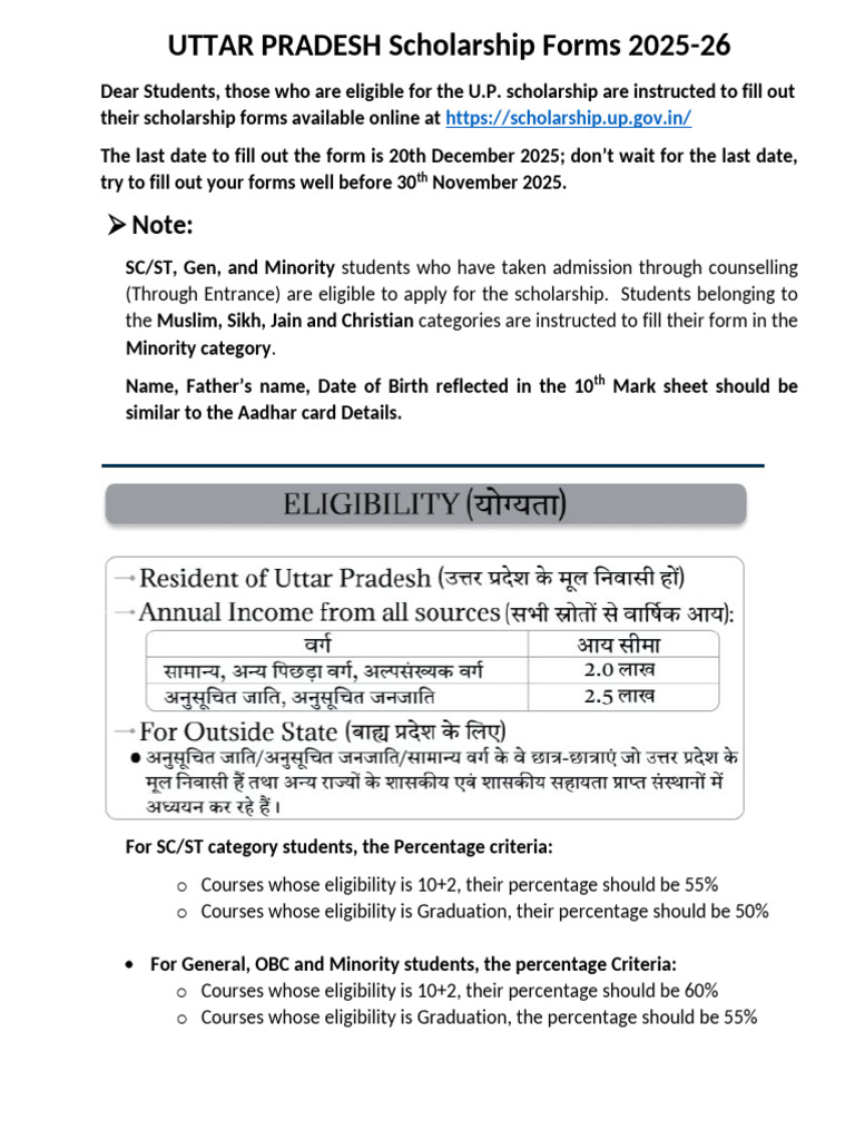 U.P. Scholarship Forms 2025-26 Guide | PDF | Government Of India