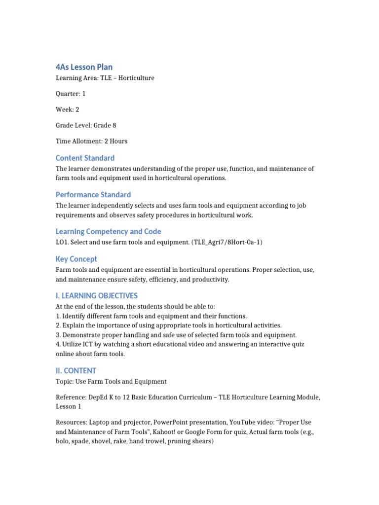 Horticulture Tools Lesson Plan for Grade 8 | PDF | Educational ...