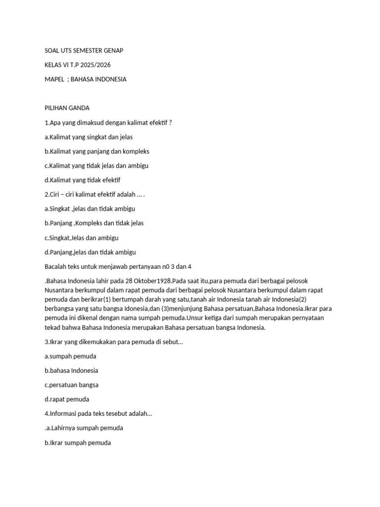 SOAL UTS SEMESTER GENAP Mapel Bahasa Indonesiaa Kls 6 | PDF