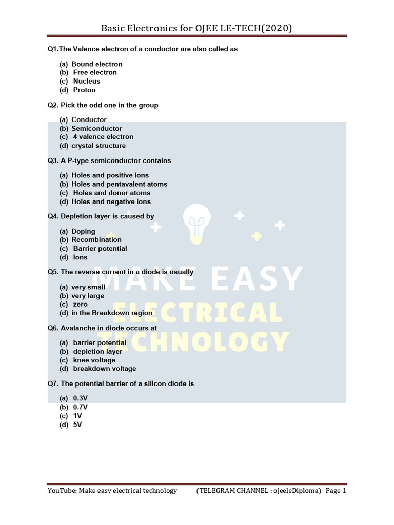 Basic Electronics Quiz for OJEE LE-TECH | PDF | Amplifier | Bipolar ...