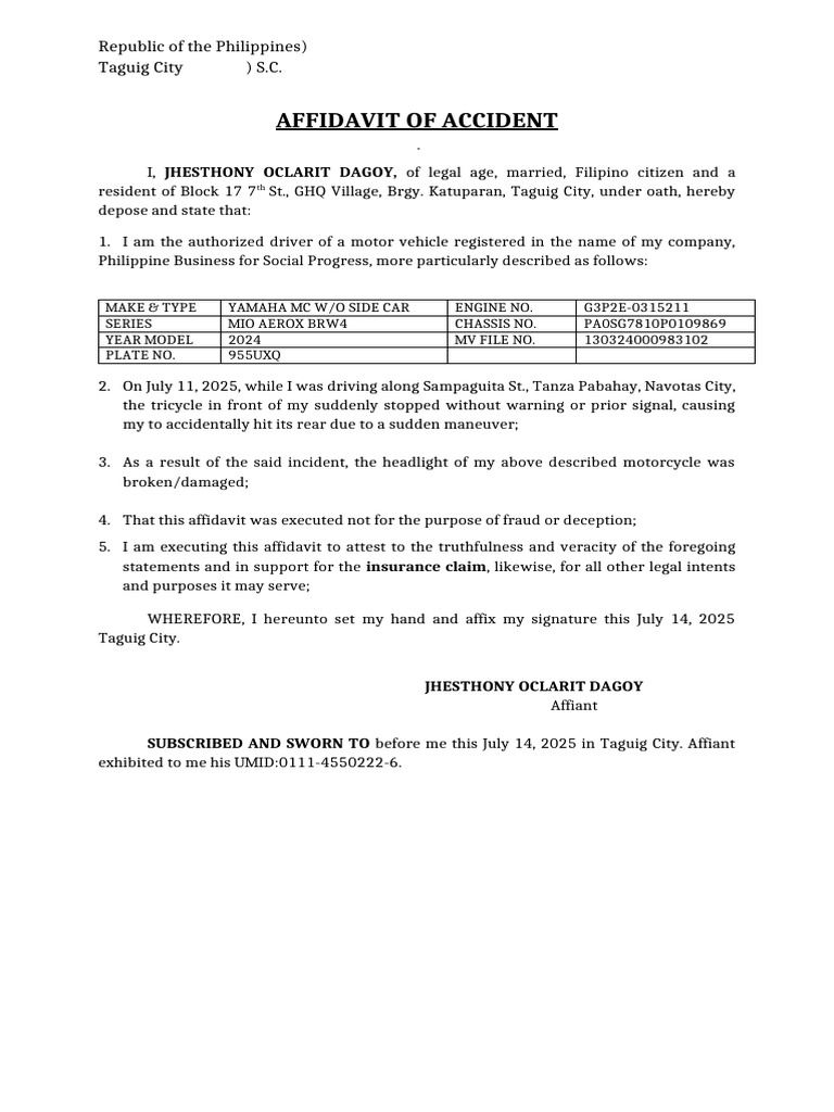 Affidavit of Accident in Taguig City | PDF