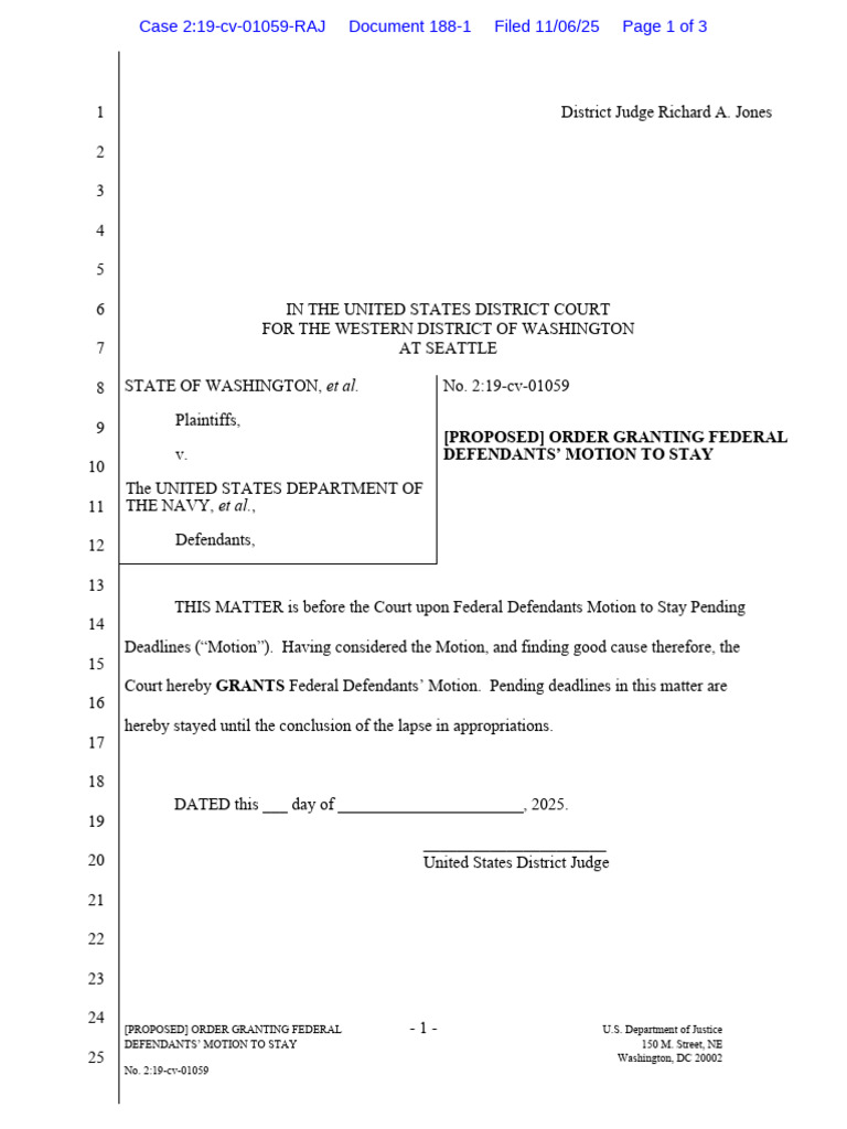 Doc 188-1: [Proposed] Order Granting Federal Defendants’ Motion to Stay ...