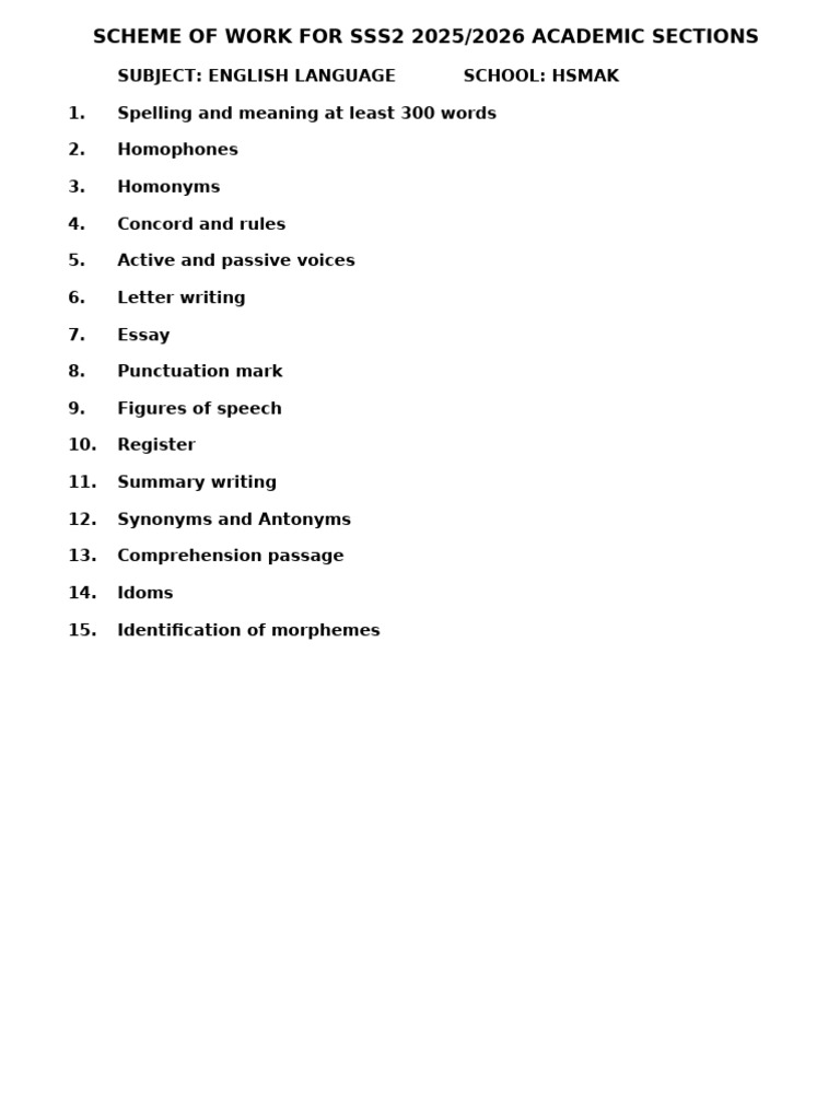 SSS2 English Language Scheme 2025/26 | PDF