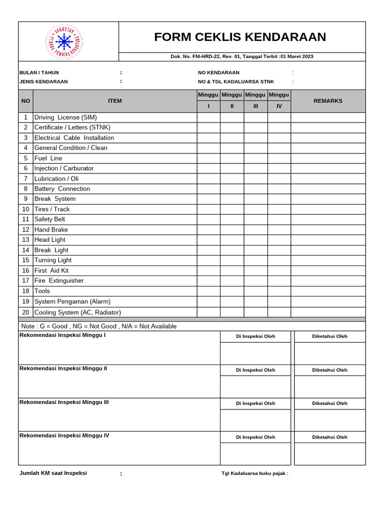 Form Ceklis Inspeksi Kendaraan | PDF