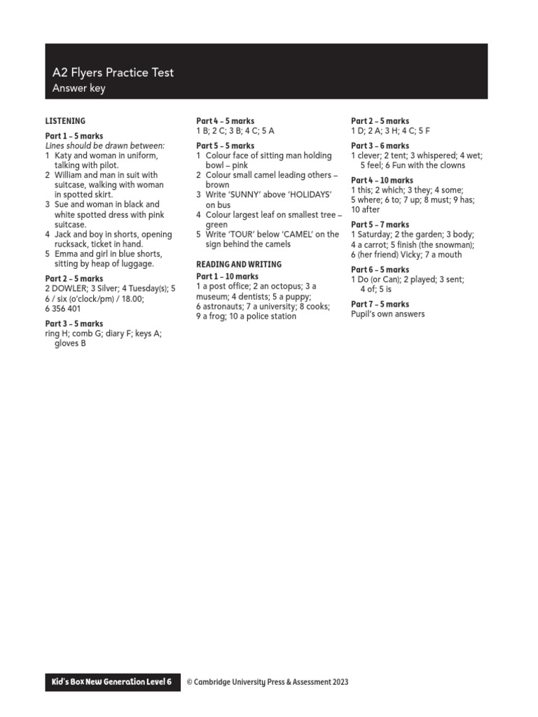 A2 Flyers Practice Test Answer Key | PDF