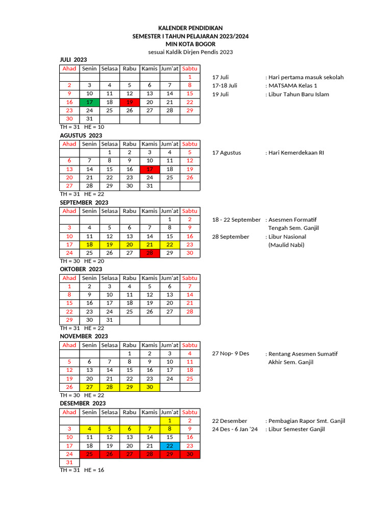 Kalender Pendidikan MIN Kota Bogor 2023/2024 | PDF