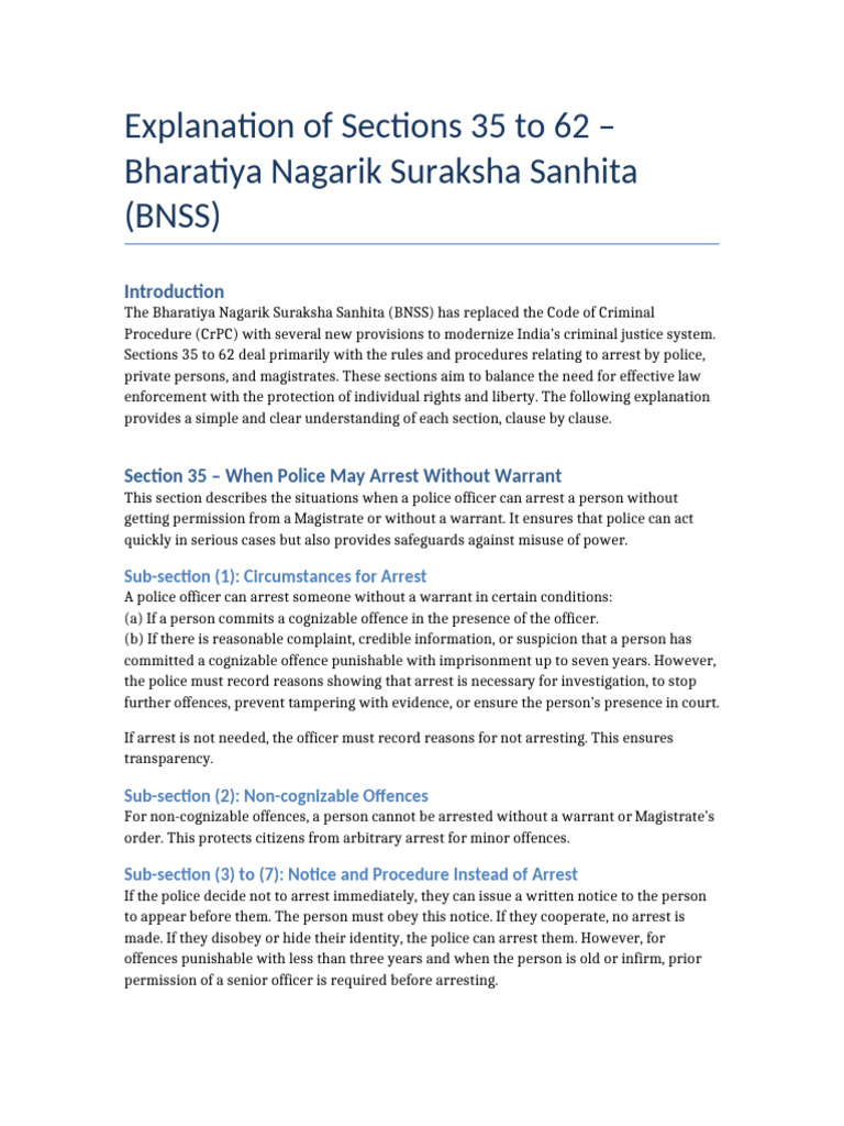 BNSS Sections 35-62 Overview | PDF | Arrest Warrant | Political Law