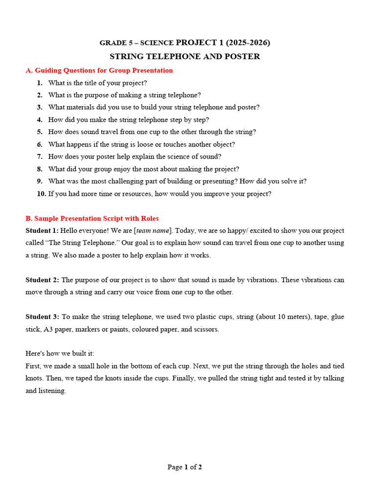 Grade 5 - Science Project 1 - Guiding Questions & Sample Script | PDF ...
